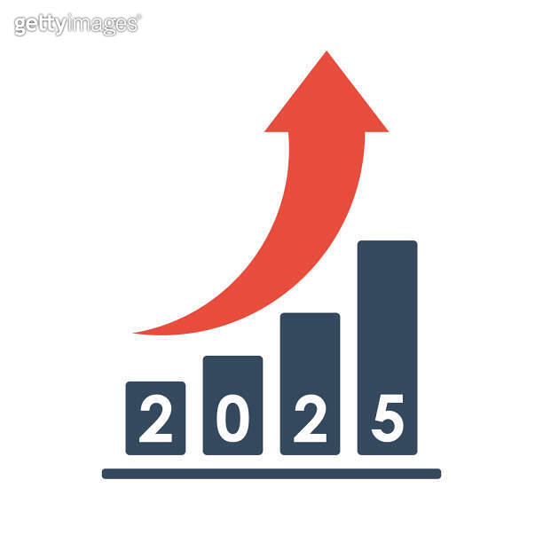 bar chart with red exponential up arrow and 2025 number, new year ...