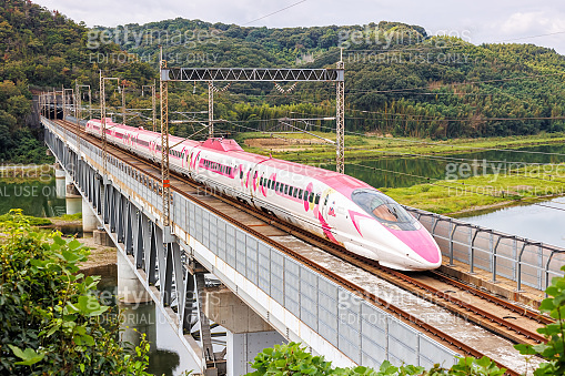 Shinkansen Hello Kitty high-speed train operated by Japan Rail JR West on Sanyo Shinkansen line ...