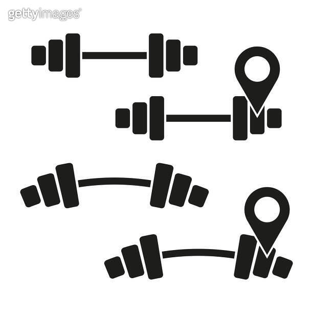 Fitness location icons. Dumbbell and map pin. Vector symbols. Black and ...
