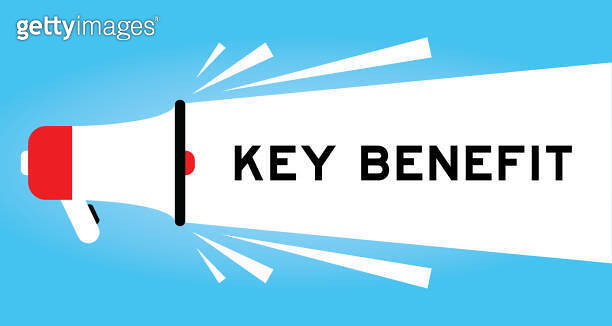 Color megaphone icon with word key benefit in white banner on blue ...