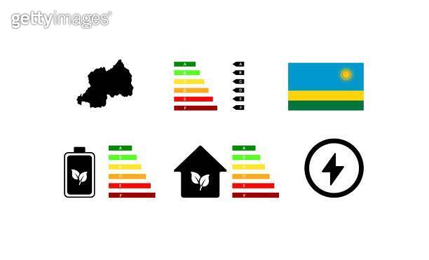 Indicators of life in Rwanda. Outline map, green energy, house letter ...
