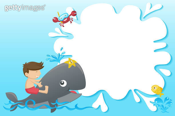 Frame template cartoon with little boy ride on funny whale, funny ...