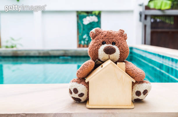 Teddy bear with wooden house model on swimming pool edge 이미지 ...