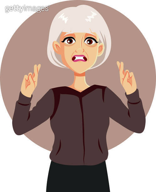 Superstitious Senior Woman Holding Fingers Crossed Vector Character 이미지 ...