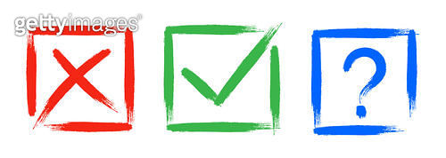 Dirty grunge cross x, tick OK and question check marks in check boxes ...