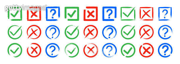 Dirty grunge cross x, tick OK and question check marks in check boxes ...