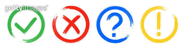 Dirty grunge cross x, tick OK, exclamation and question check marks in ...