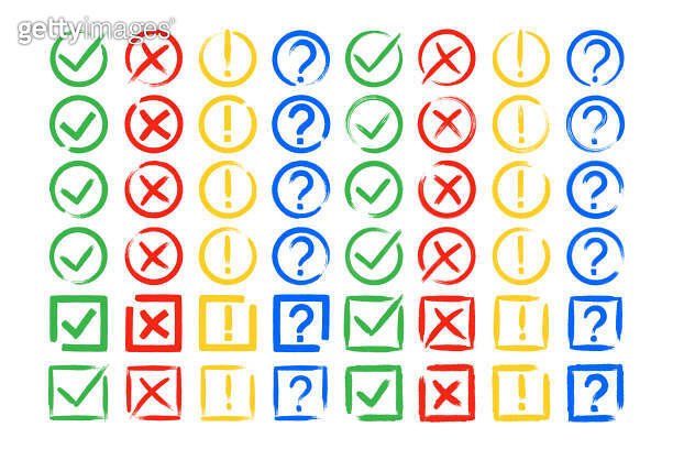 Dirty grunge cross x, tick OK, exclamation and question check marks in ...