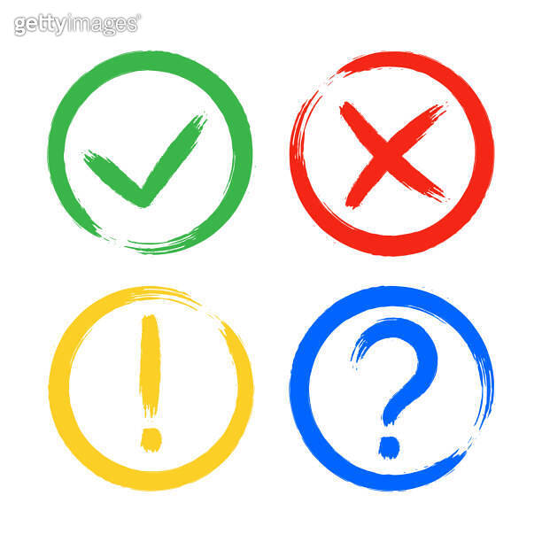 Dirty grunge cross x, tick OK, exclamation and question check marks in ...