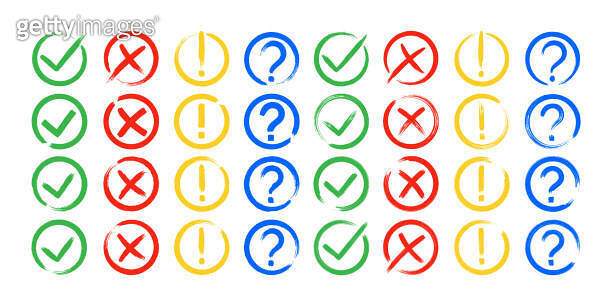 Dirty grunge cross x, tick OK, exclamation and question check marks in ...