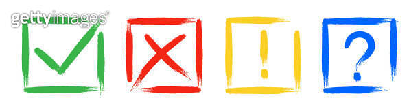 Dirty grunge cross x, tick OK, exclamation and question check marks in ...