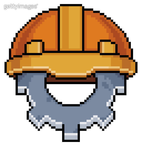 Pixel art of hard hat with gear in 8 bit style, safety helmet ...