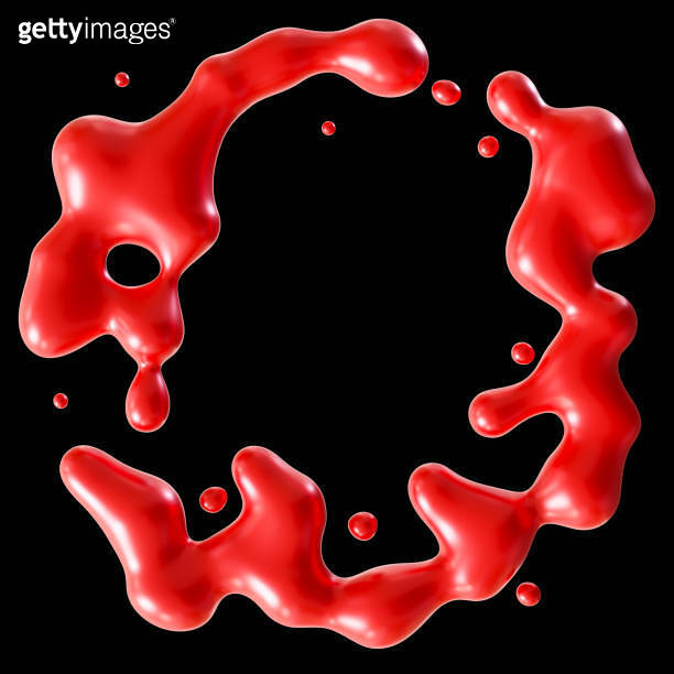 Vivid red blood splashes isolated on black background, dramatic and ...