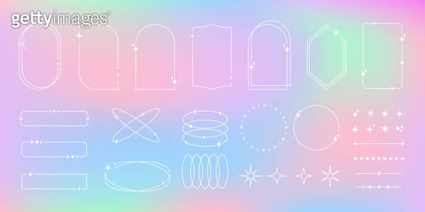Modern minimalist aesthetic line frames and trendy shapes with stars set. Y2K holographic design ...