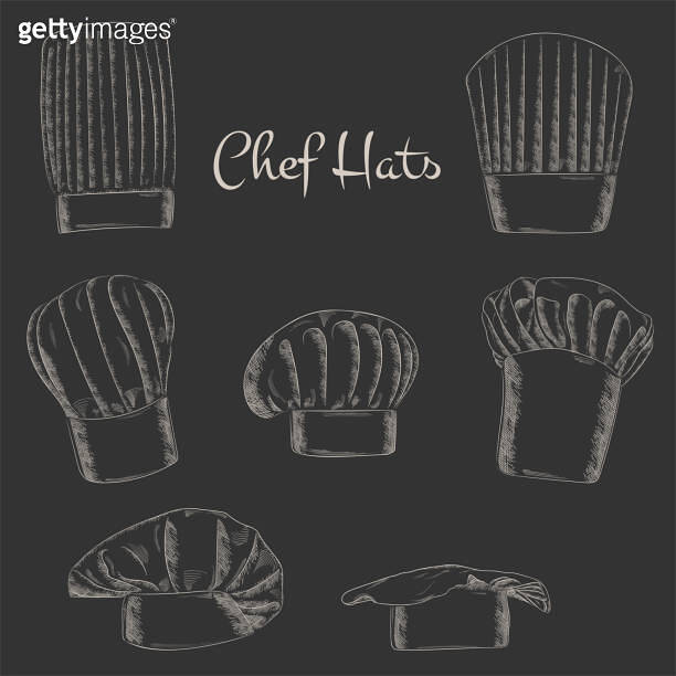 Set of chef caps, hand drawn vector illustration. White chalk on gray ...