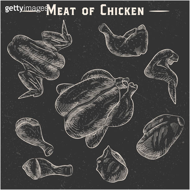 Drawing on the blackboard. Roasted Chicken. Design for farming industry ...