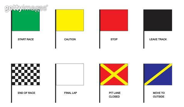 Set of different race flags signs. Start, finish, caution, stop, leave ...