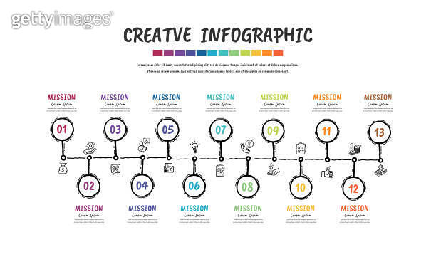 Hand drawn line process flow chart design infographic template with 13 ...