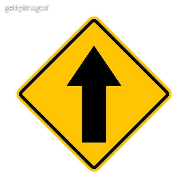 One way traffic sign. Direction of movement. Warning yellow diamond ...