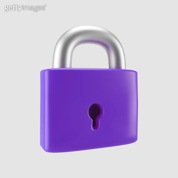 3d purple locked padlock icon isolated on gray background. Render ...