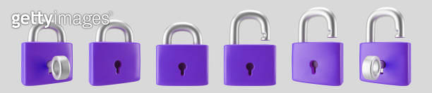 3d purple locked and unlocked padlock icon set with key isolated on ...