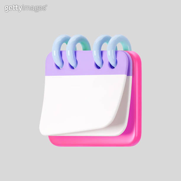 3d pink calendar icon with flipping pages and rings isolated on gray ...