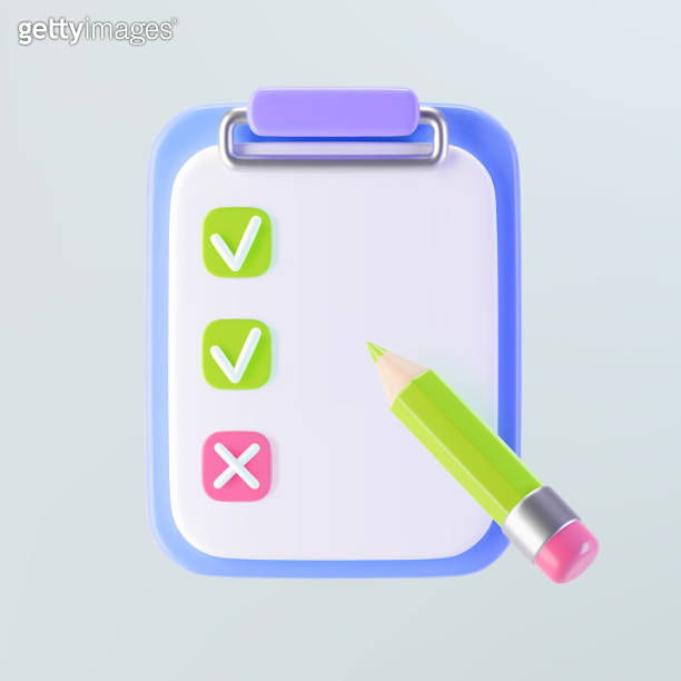 3d purple checklist on clipboard icon with check mark, cross mark ...
