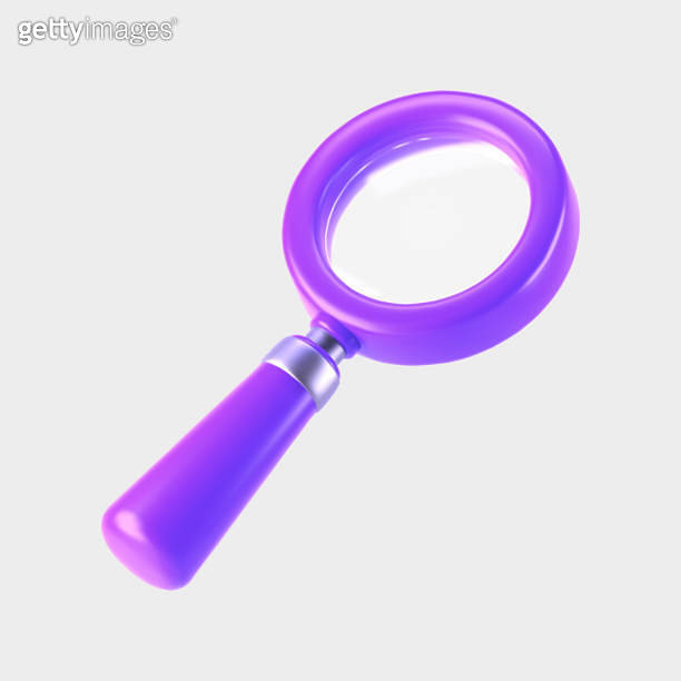 3d purple magnifying glass icon isolated on gray background. Render ...