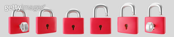 3d red locked and unlocked padlock icon set with key isolated on gray ...