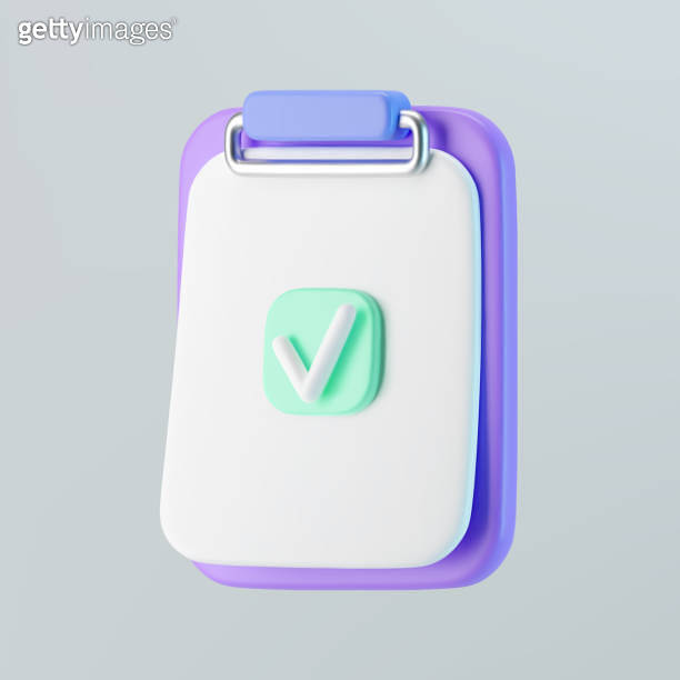 3d purple checklist on clipboard icon with check mark isolated on gray ...