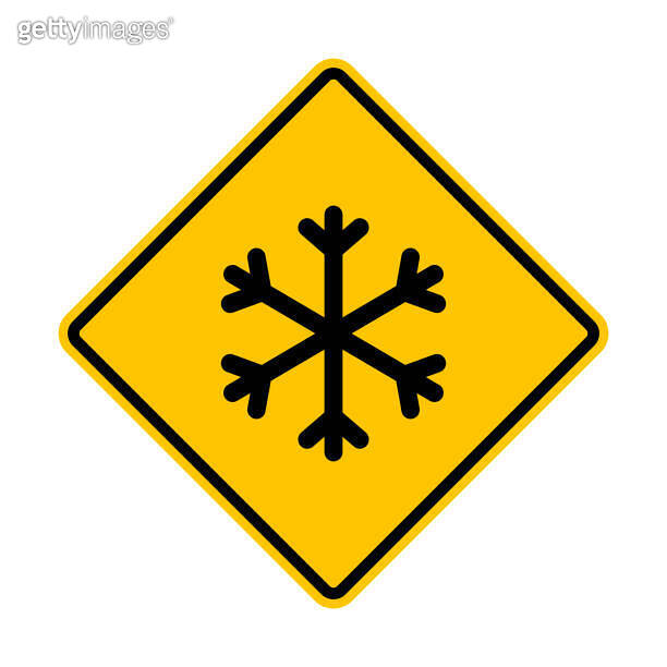 Snowfall sign. Snowfall warning sign. Yellow diamond road sign with a ...