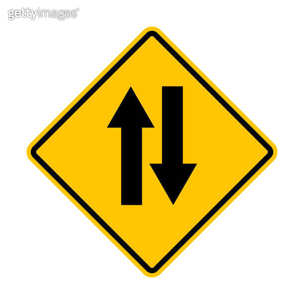 Two-way traffic sign. Yellow diamond shaped warning road sign. Diamond ...