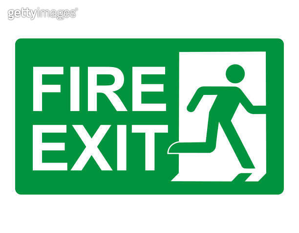 Sign fire exit. Green sign evacuation exit. Designations location ...