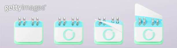3d blue calendar icons with highlighted circle day and flipping pages ...