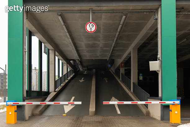 Entrance of the multi-level parking. Entrance to parking in a modern ...