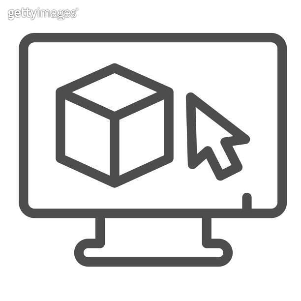 Monitor with 3D square and cursor pointer line icon, architect studio ...