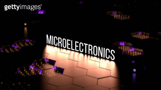 MICROELECTRONICS word, neon glowing text on a digital background ...