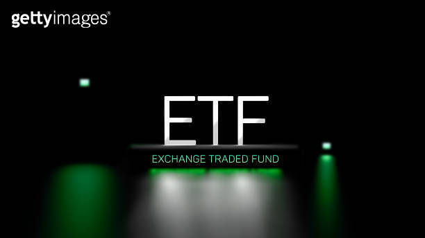 ETF Exchange Traded Fund abbreviation, glowing text, inscription ...