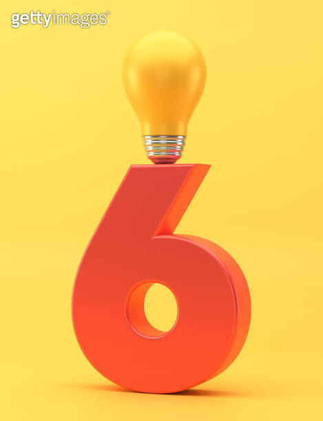 Number 6 and light bulb on yellow background 이미지 (1959505936) - 게티이미지뱅크