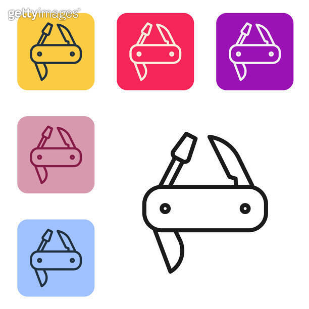 Black line Swiss army knife icon isolated on white background. Multi ...