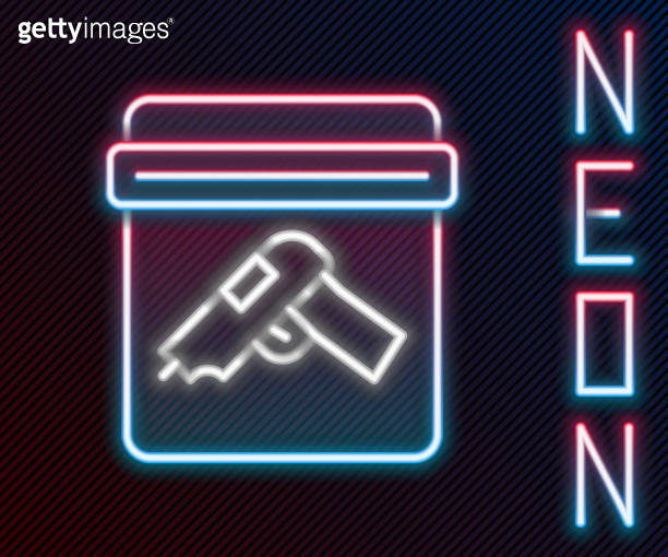 Glowing neon line Evidence bag with pistol or gun icon isolated on ...