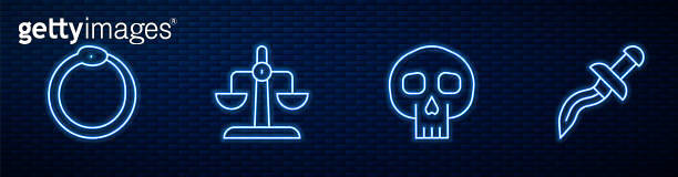 Set line Skull, Ouroboros, Libra zodiac and Dagger. Glowing neon icon ...