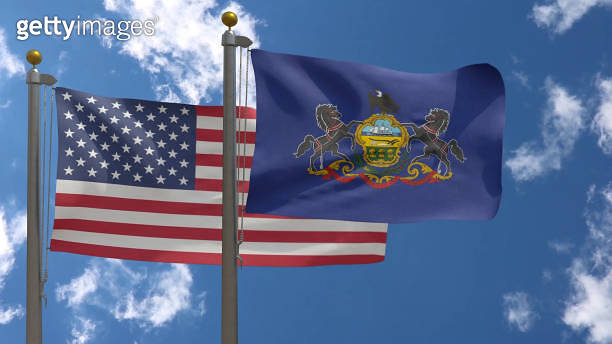 American Flag with Pennsylvania State Flag on a Pole, Two Flags ...