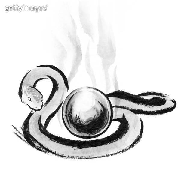 Ink painting of a snake holding a wish-fulfilling orb 이미지 (2161579886 ...