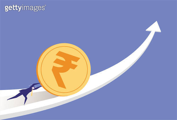 Business man trying to push Indian rupee forward on arrow, currency ...