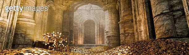 Treasury hall. treasure trove of gold coins And chests and treasure ...