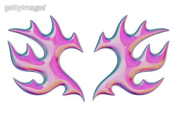 3D flame in the shape of wings and a heart. Trendy Y2K element. Pink ...