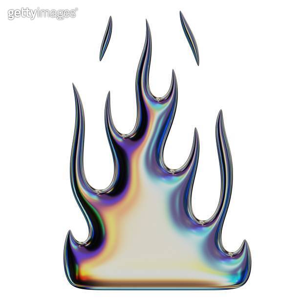 3D flame. Trendy Y2K element. Iridescent colorful burning fire shape ...