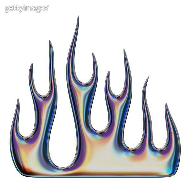 3D flame. Trendy Y2K element. Iridescent colorful burning fire shape ...