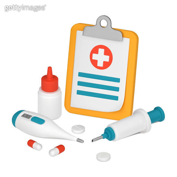 A Clipboard with a Red Cross. Medical equipment, thermometer, syringe ...